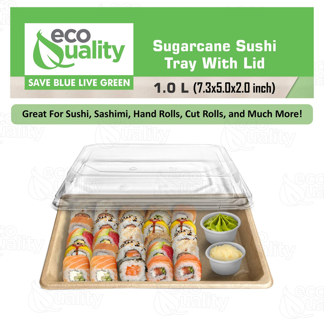 1.0L Large Compostable Container Natural Sugarcane Sushi Trays with Li ...